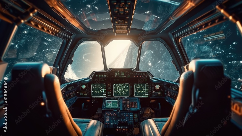 Futuristic spaceship cockpit interior with a view of space station and ...