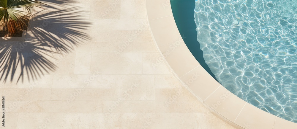 Top down view of a swimming pool background with a water ring and palm ...