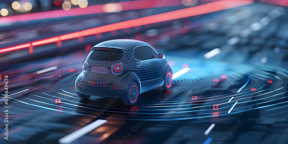 Cartoon electric car moving at high speed in the night city, An EV car ...