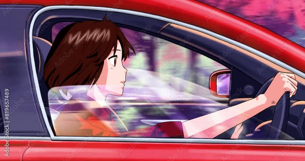 A 2D animation of a woman driving a red car in a seamless loop in anime ...