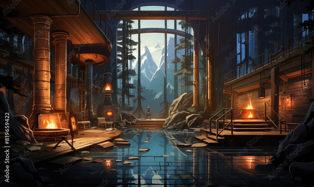 Sauna background flat design side view eclectic thermal bath theme ...