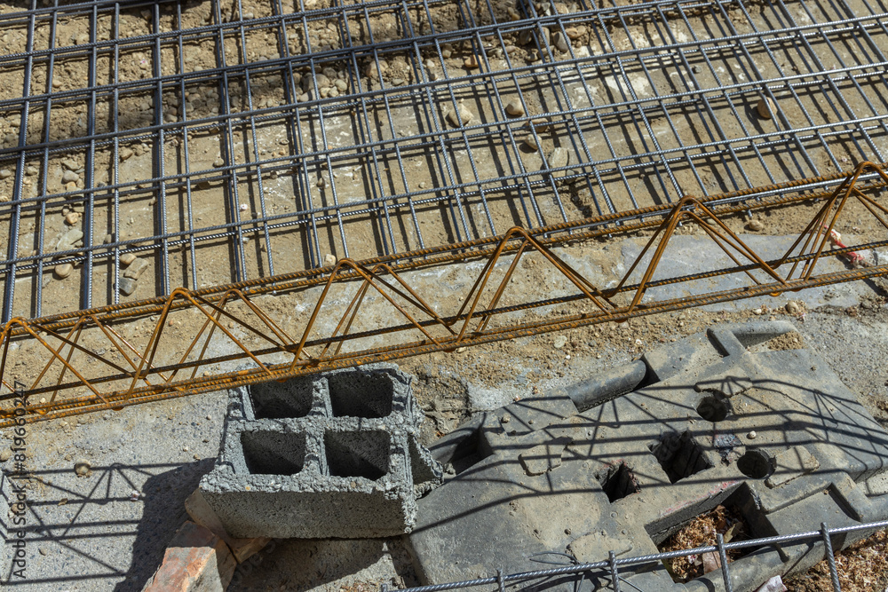 A close-up of a construction site with a grid of rebar laid out on the ...