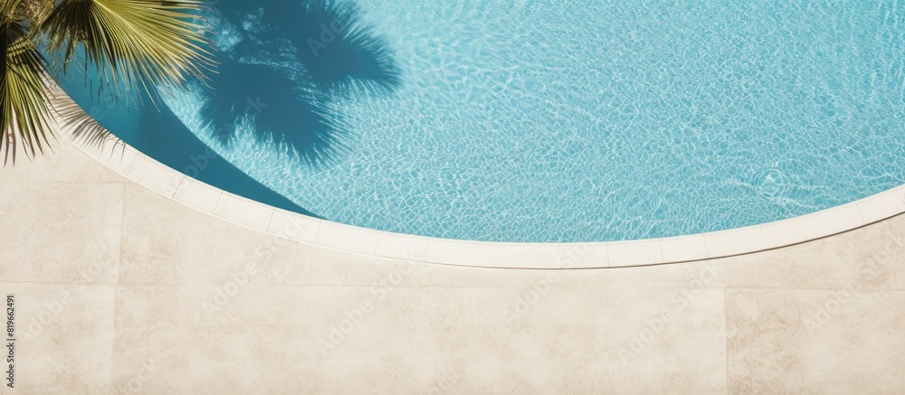 Top down view of a swimming pool background with a water ring and palm ...