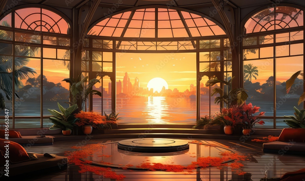 Sunroom background flat design front view serene yoga sanctuary theme ...