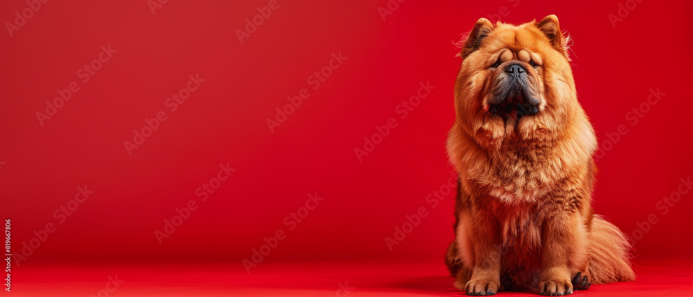 Indignant Chow Chow with rigid posture on a crimson background with ...