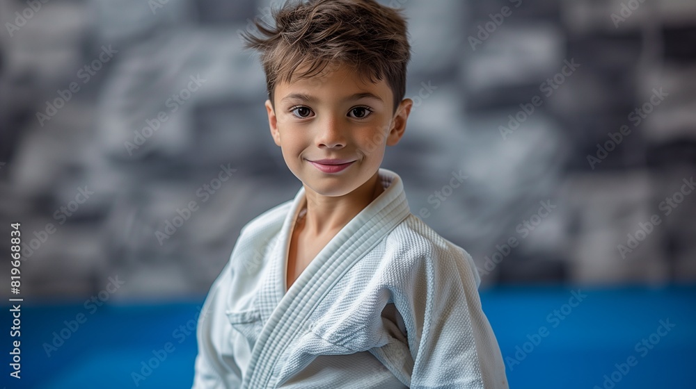 Young boy in a judo uniform ready to practice, neutral dojo mat ...