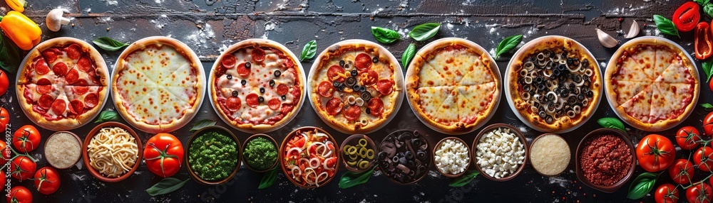 Pizza menu, front view, Depicts pizza varieties, digital tone ...