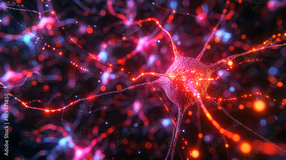 Neurons with glowing synapses in a vibrant neural network, abstract depiction of brain activity ...