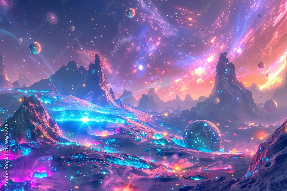 An alien planet with luminescent continents and ethereal holographic ...