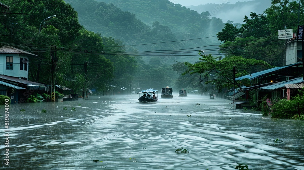 Heavy rain falls during the monsoon season, causing rivers to swell and ...
