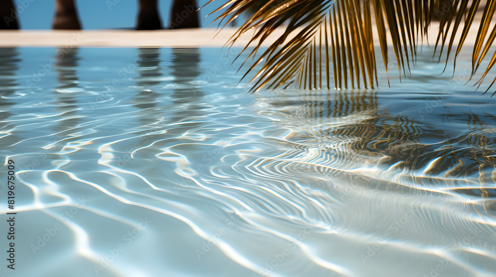 Palm tree shadow on clear blue water with light reflections. Nature ...