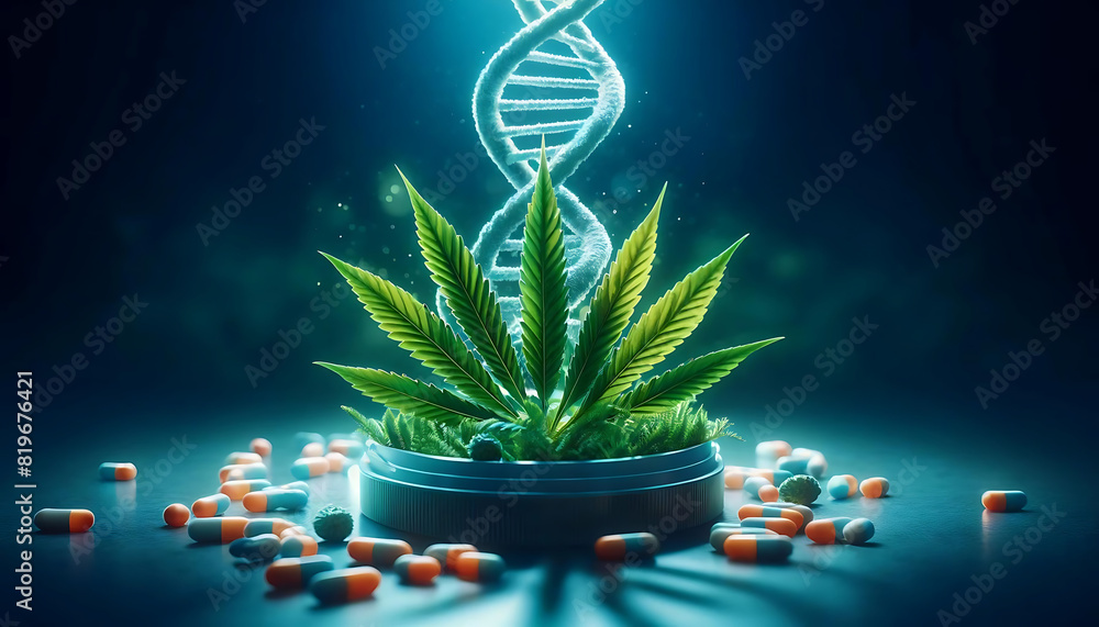 Cannabis Leaf Intertwined With A Dna Strand Genetic Research And Tailored Medicine Stock