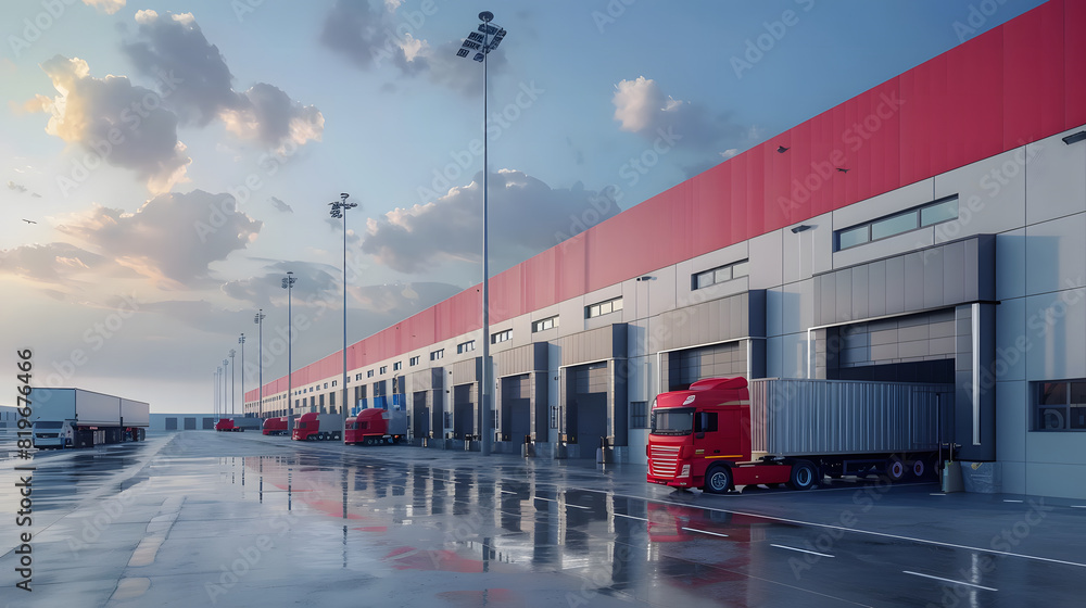 Red trucks parked at a modern warehouse. Modern logistics center with ...