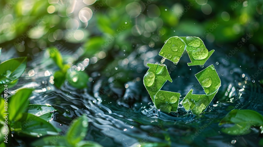 Nature-inspired recycling water sign with green leaves and flowing ...
