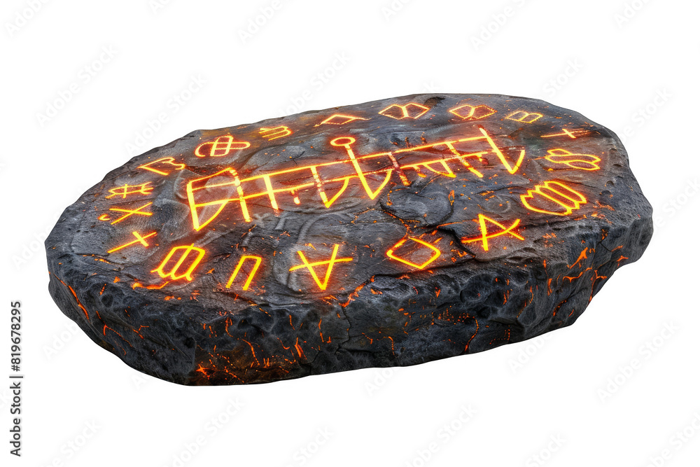 Glowing rune stone with ancient symbols carved into a flat rock surface ...