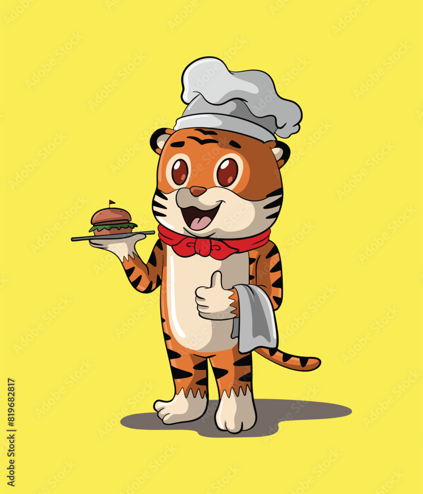 cartoon illustration design of a cute tiger carrying a tray of food as ...