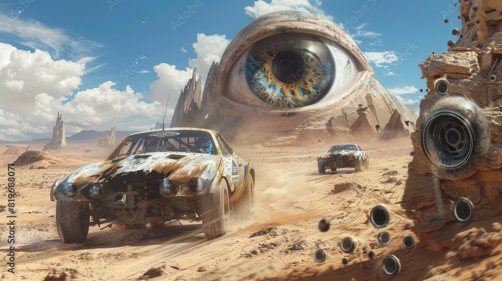 race car with a giant eye painted on its hood speeds through a barren ...