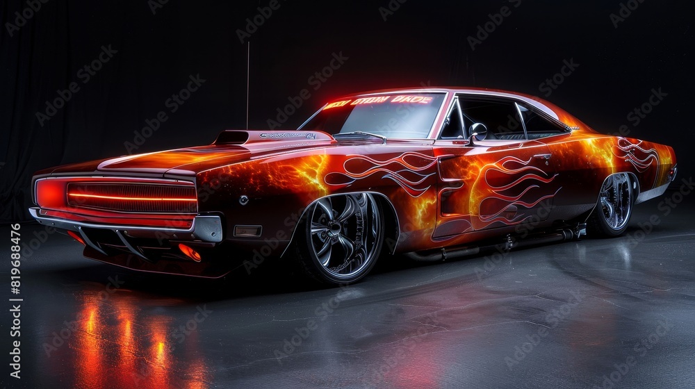 A restored muscle car with a custom flame paint job, accentuated by ...