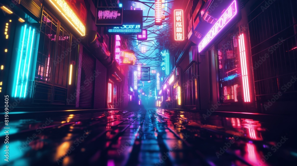 A cyberpunk street scene, bathed in neon lights of varying colors ...