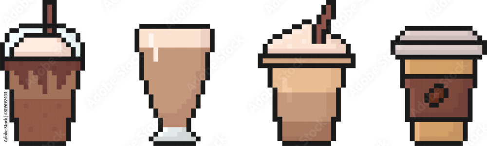 coffee pixel art icon set, latte, cappuccino, coffee cup, macchiato ...