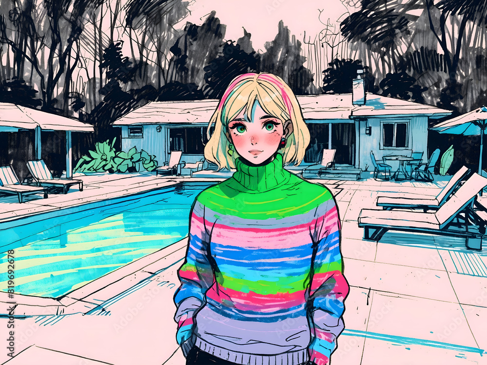 Anime girl standing by a pool in summer theme Stock Illustration ...
