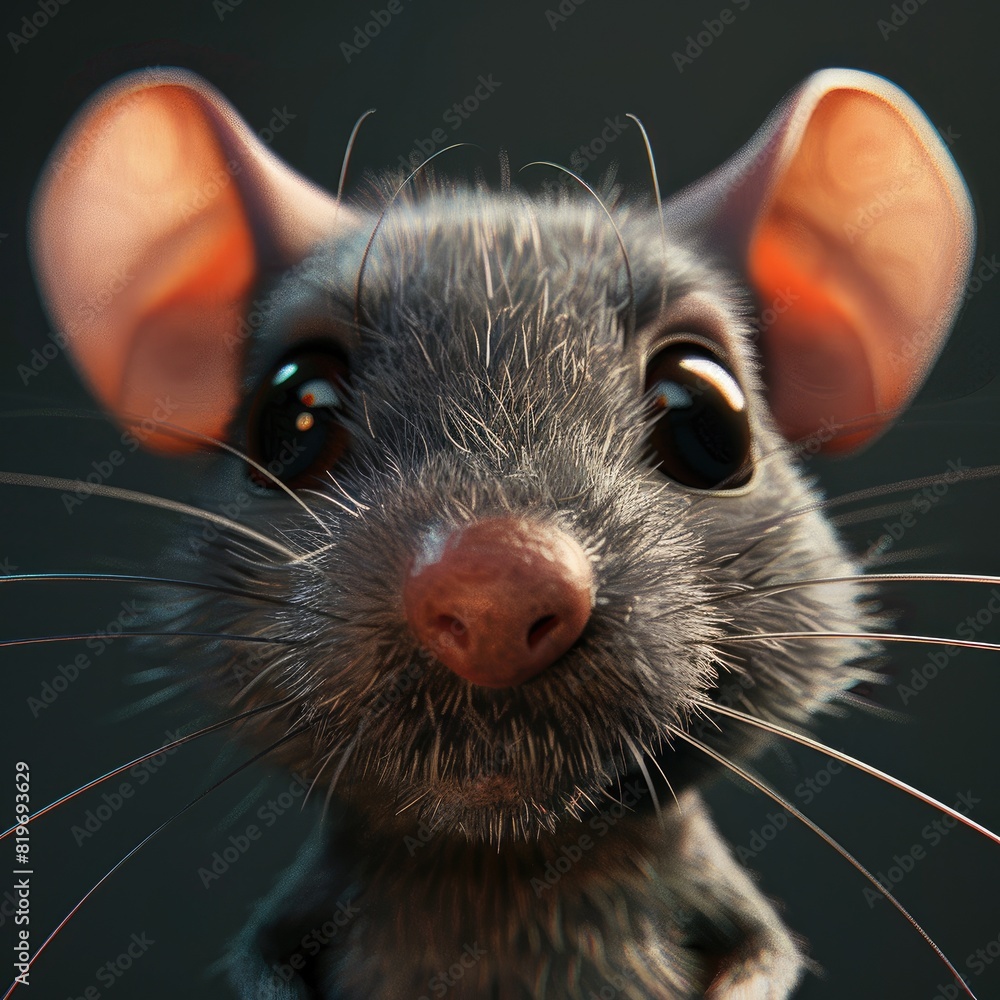 3D funny, cunning cartoon face of a mouse close-up. Print for T-shirts ...