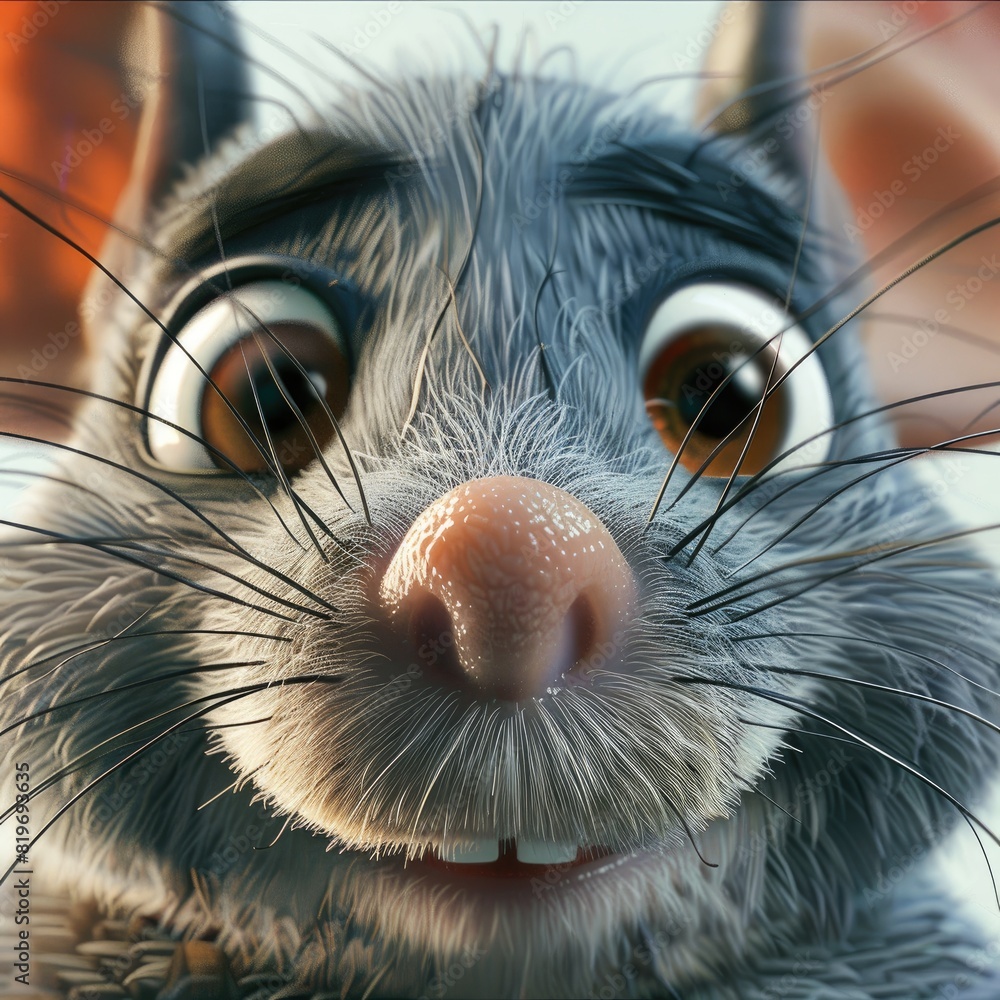 3D funny, cunning cartoon face of a mouse close-up. Print for T-shirts ...