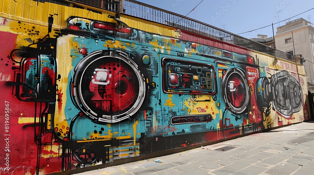 Graffiti on a wall in an urban London street filled with various modes ...