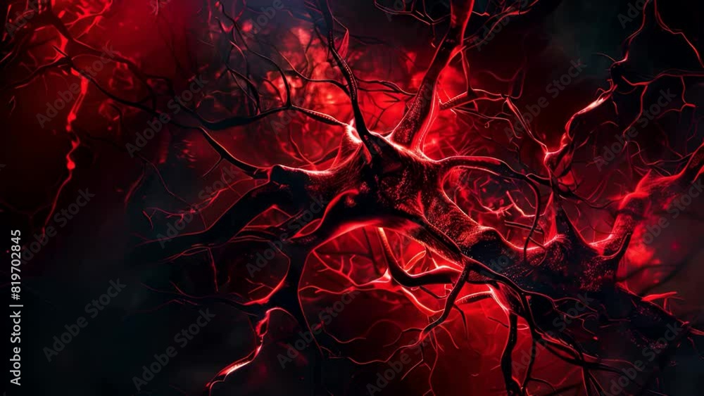 Close-up of intricate, dark red neural network branches with a glowing ...