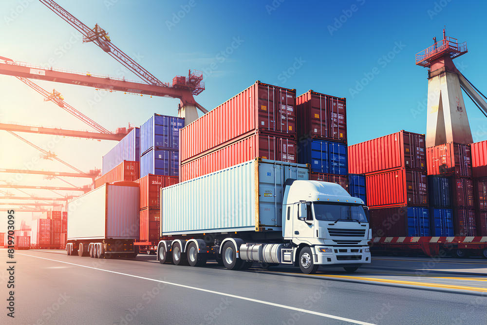 Containerized cargo freighters during discharging at the industrial ...
