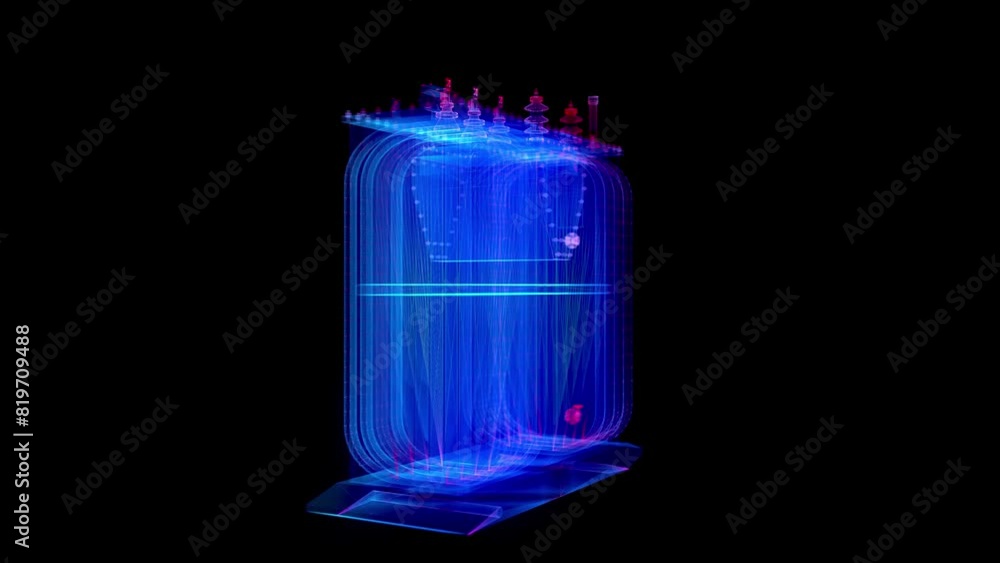 High voltage power transformer. Glowing blue light 3d model energy ...
