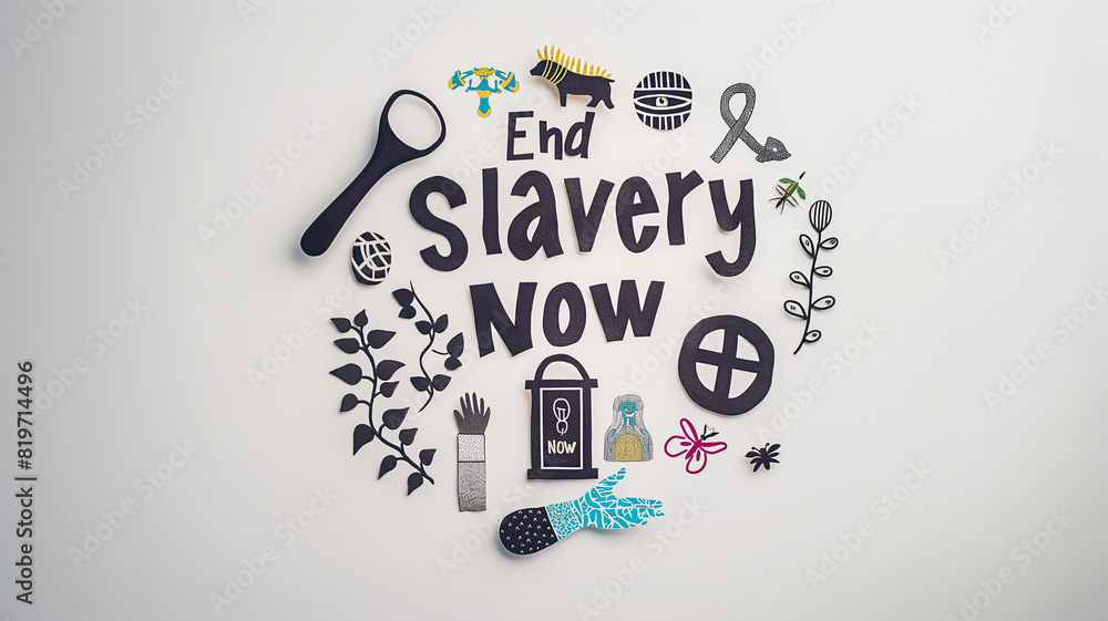 "End Slavery Now" message in bold black letters, surrounded by various ...
