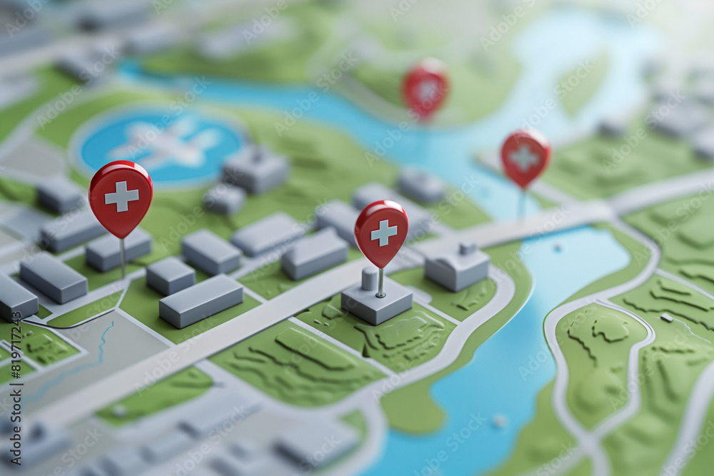 Emergency Response: Vector illustration of a 3D map with pins pointing ...