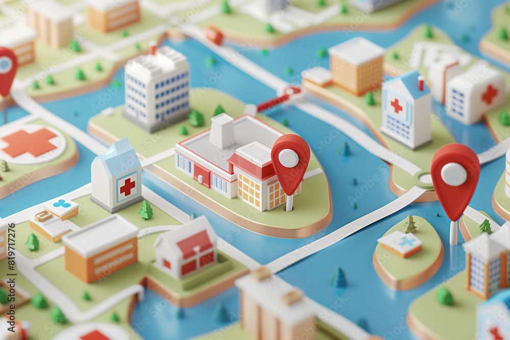 Emergency Response: Vector illustration of a 3D map with pins pointing ...