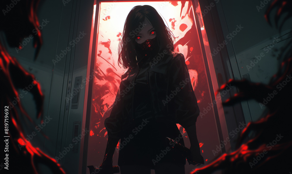 Horror anime girl captured from a scray movie, fake blood, behind the ...