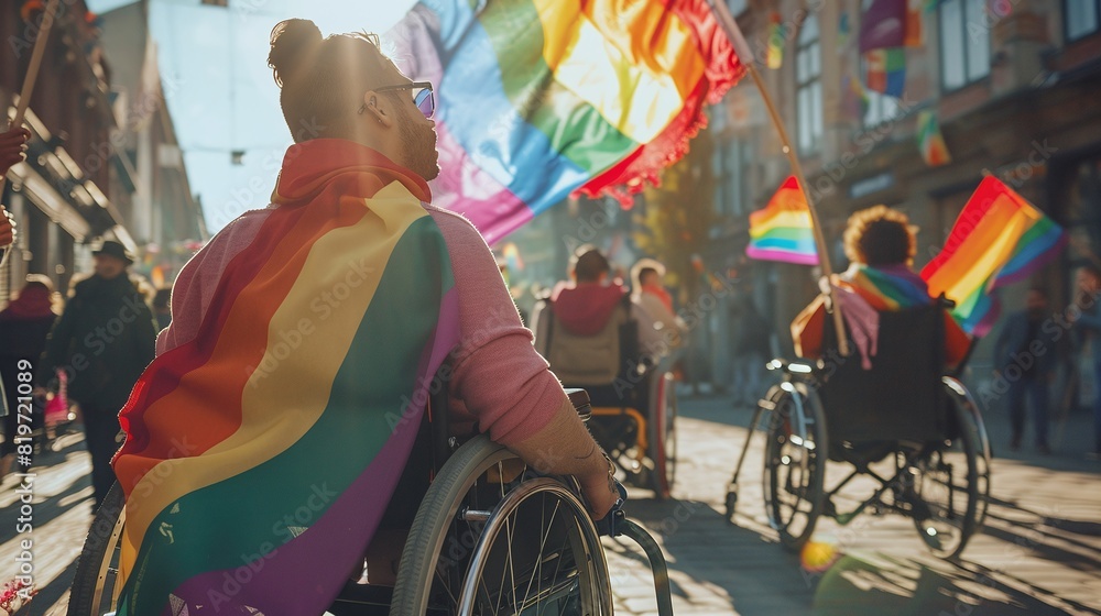 Disabled gay people in wheelchairs celebrating pride festival in the ...