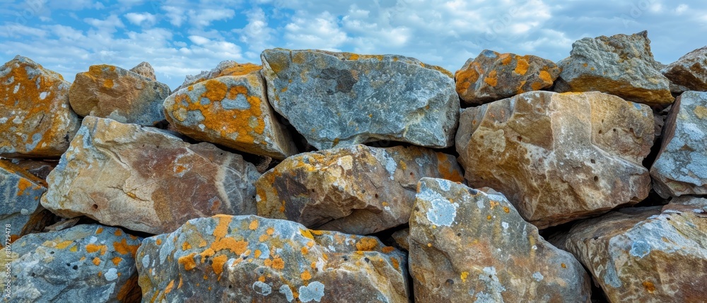 Natural stone wall made of large, irregular boulders, tightly packed ...
