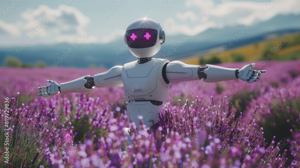 Happy Robot in Lavender Field with Heart Eyes - Futuristic Joy Stock ...