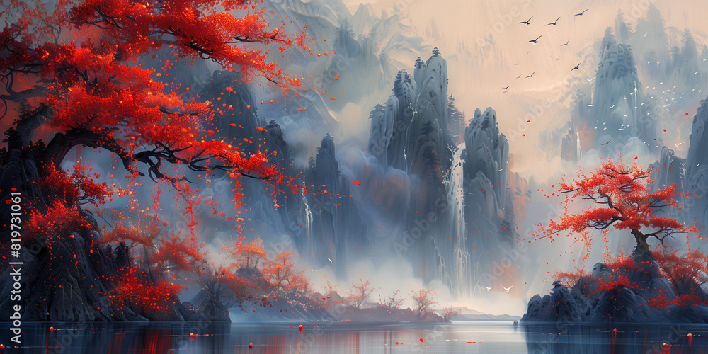 Traditional eastern art. Ink painting. Zen. ancient scroll. Fantasy ...