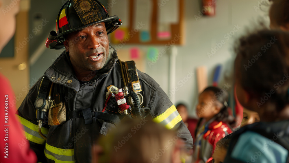 Firefighter interacting warmly with young students during a school ...