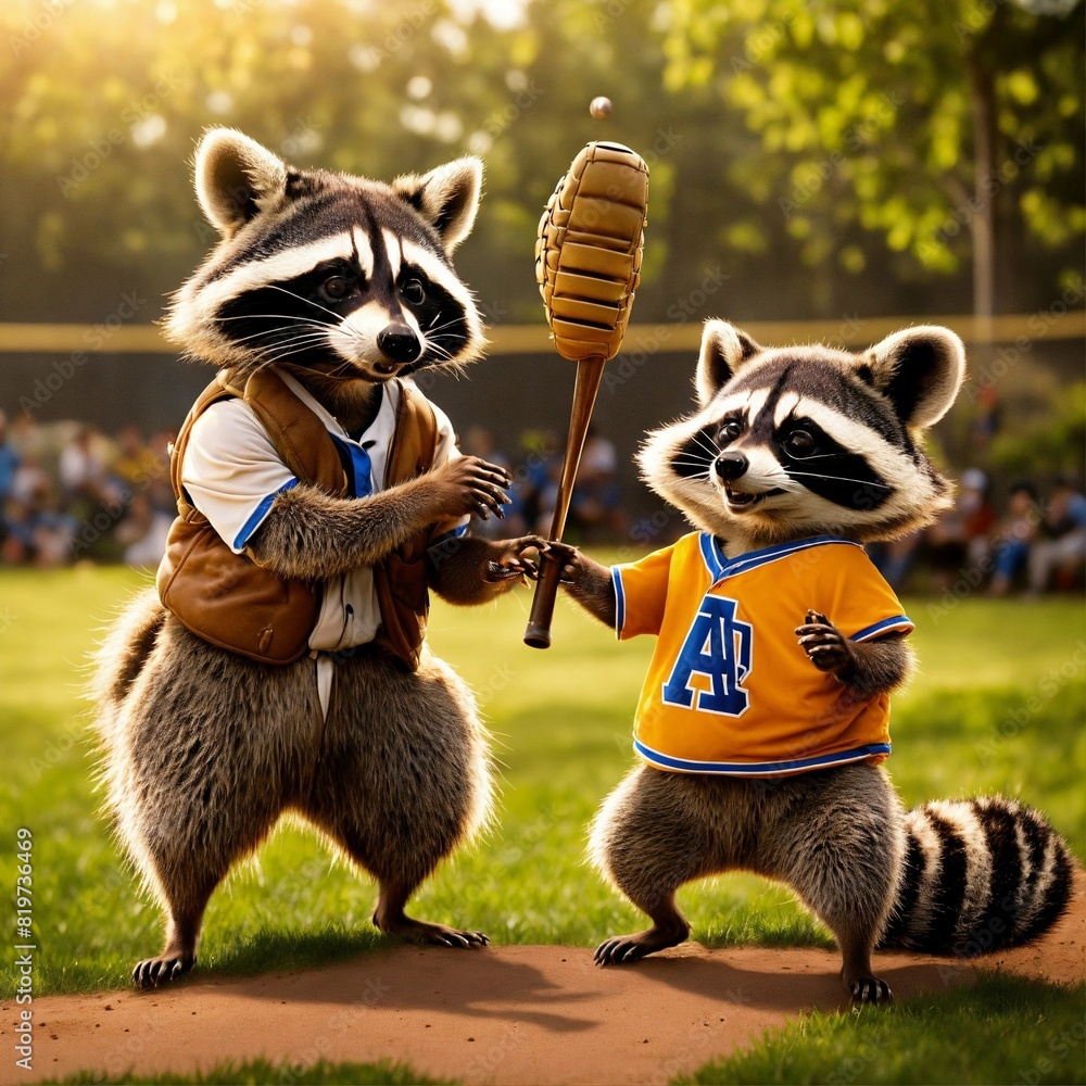 A father and son raccoon playing baseball while ce,Cool raccoon in a ...