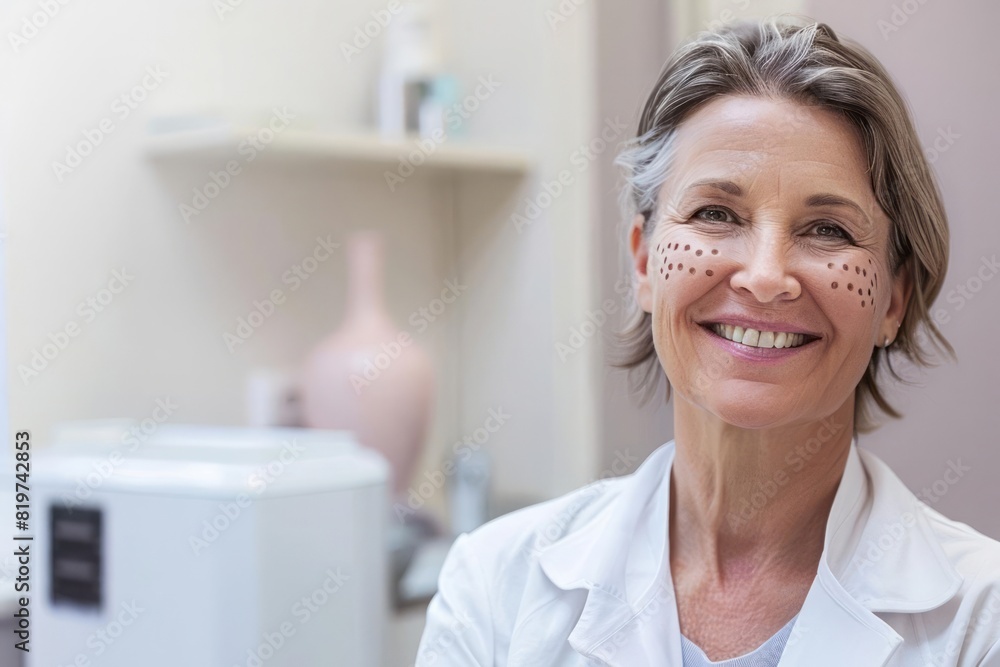 A patient smiling with visible but subtle marking on the face for ...