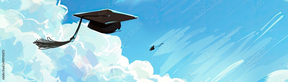 Graduation cap flying through a bright blue sky with clouds ...