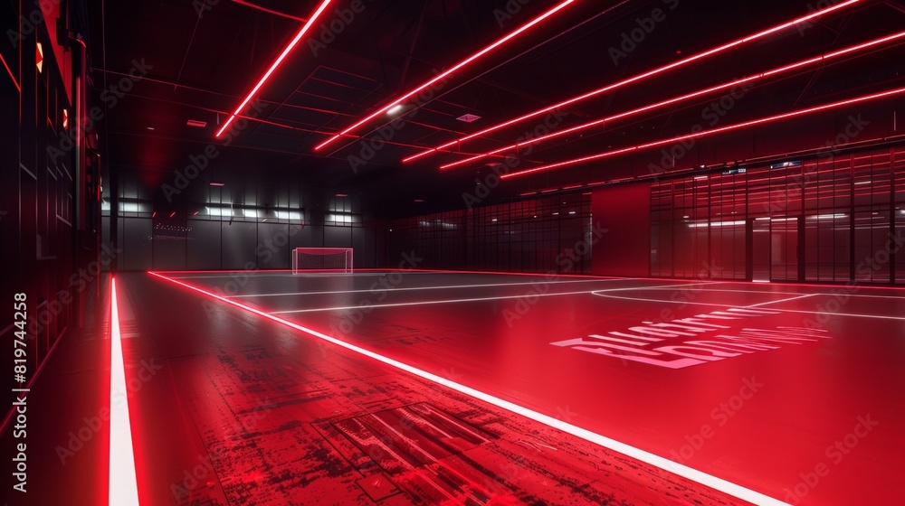 A modern multi-purpose sports hall with a football pitch and an ...