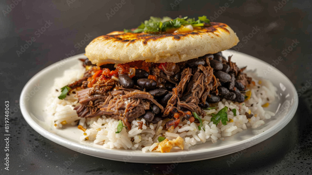 Authentic venezuelan pabellón plate with shredded beef, black beans ...