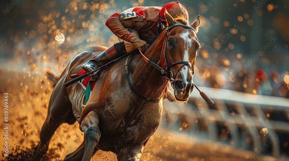 Horse racing intensity, speed, close-up on horse and jockey, vibrant ...