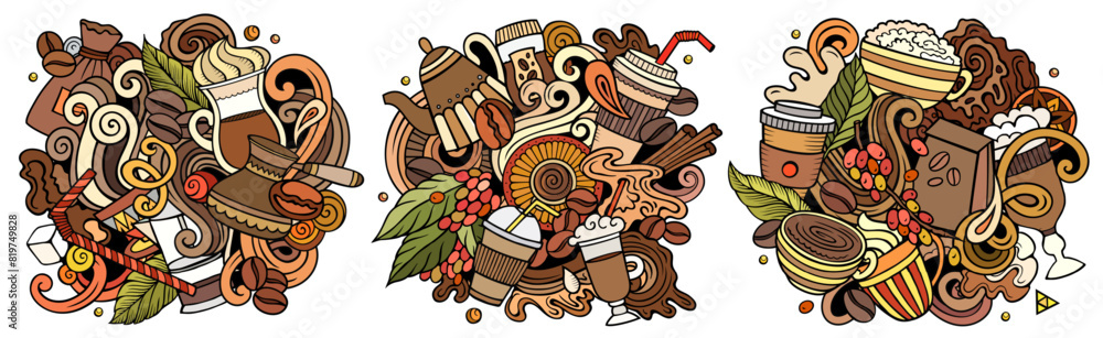 Coffee cartoon vector doodle designs set. Colorful detailed banner with ...