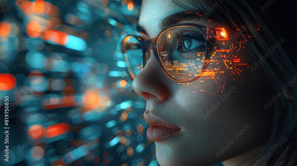 Cybernetic Woman in Augmented Reality Interface Views Futuristic ...