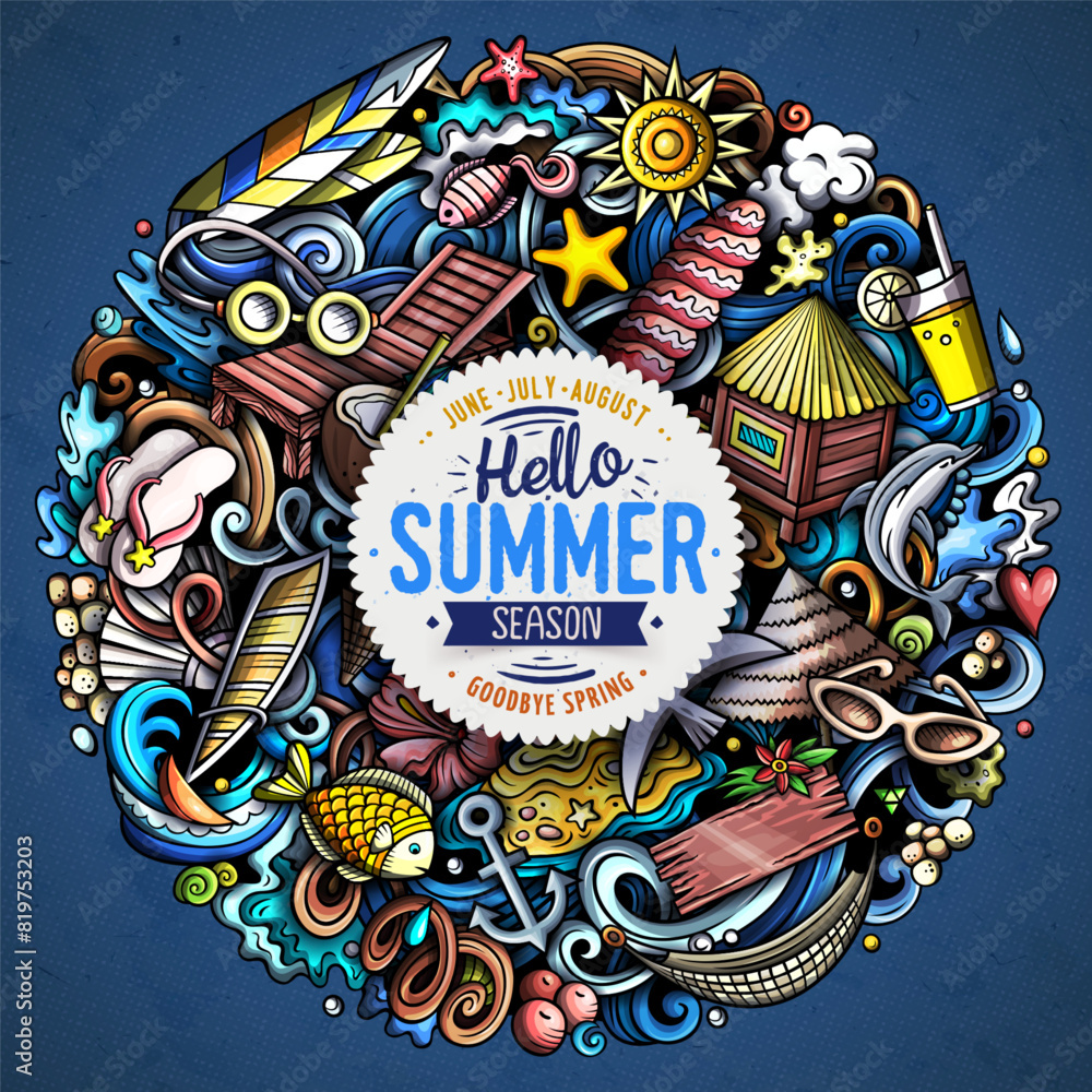 Summer beach cartoon vector doodles illustration. Summertime poster ...