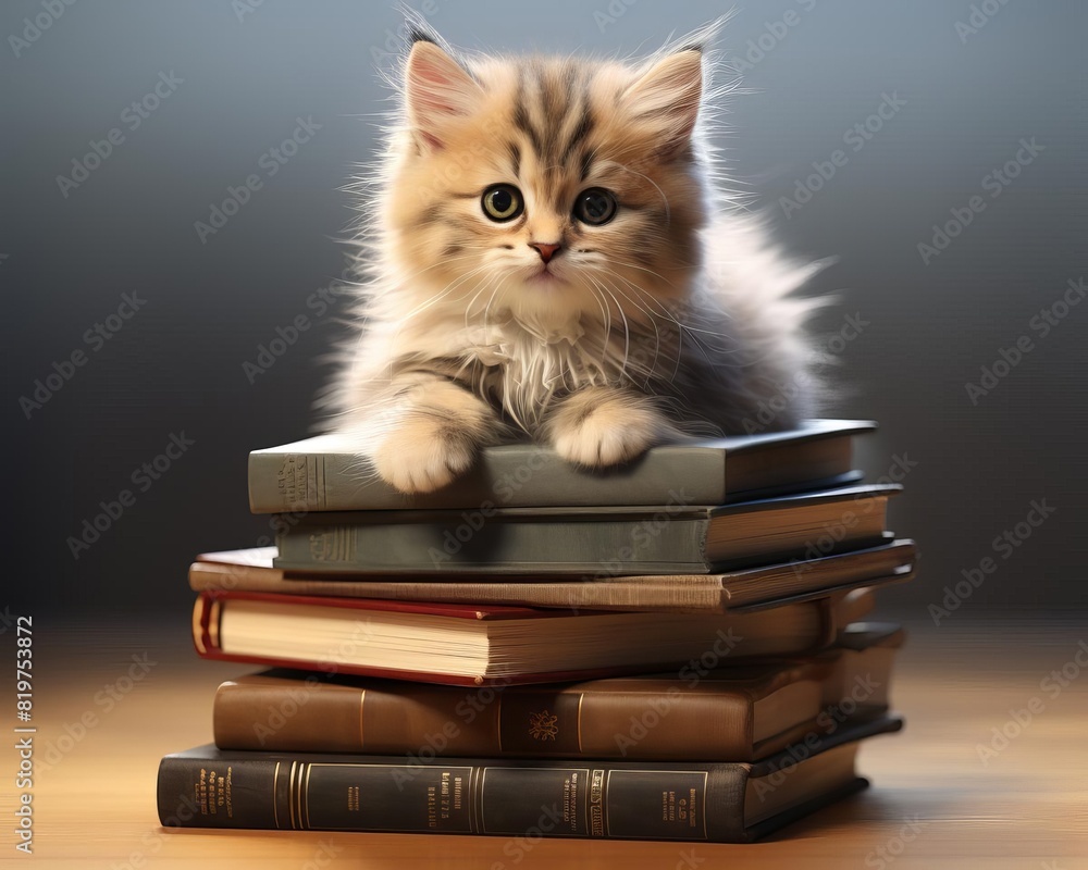 A cute kitten is sitting on a stack of books. The kitten is looking at ...